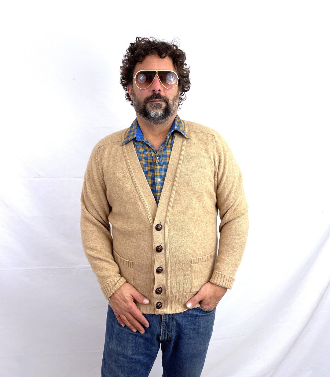 Vintage 1960s 60s Sir Pendleton Leather Button Cardigan Virgin Wool Camel Hair Sweater - Large ...