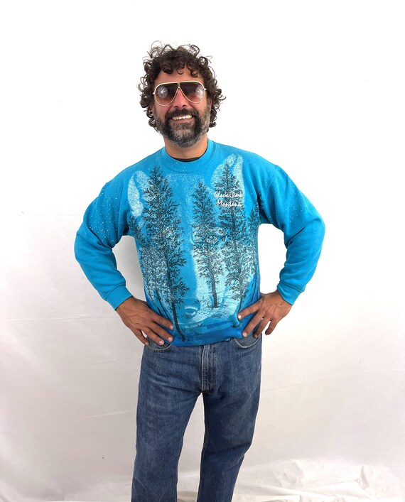 Vintage 90s 1990s Wolf Moon Trees Blue Sweatshirt - G… - Gem