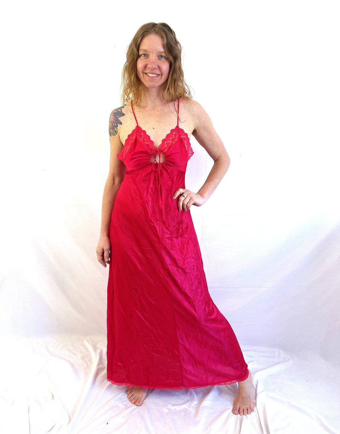 Vintage 1970s 80s Red Lace Intimate Lingerie Nightgown Dress - Jcpenney ...