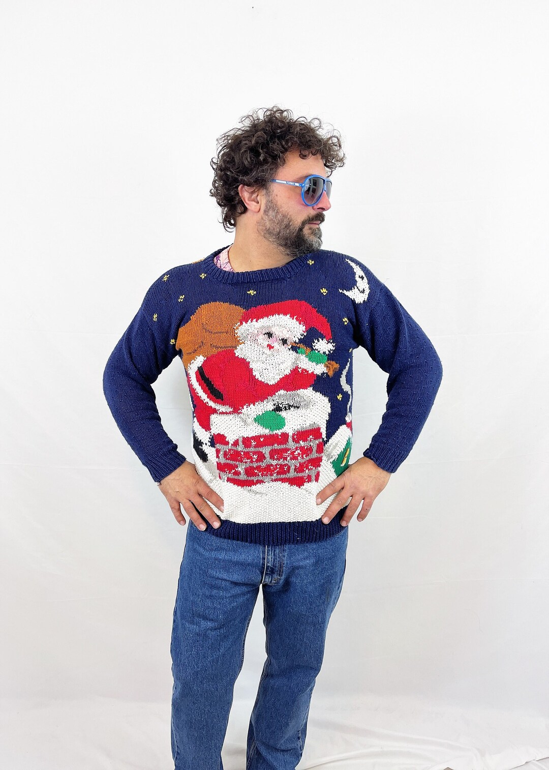 Vintage 90s 1990s Merry Christmas Holiday Santa Claus XMAS Knit Sweater ...