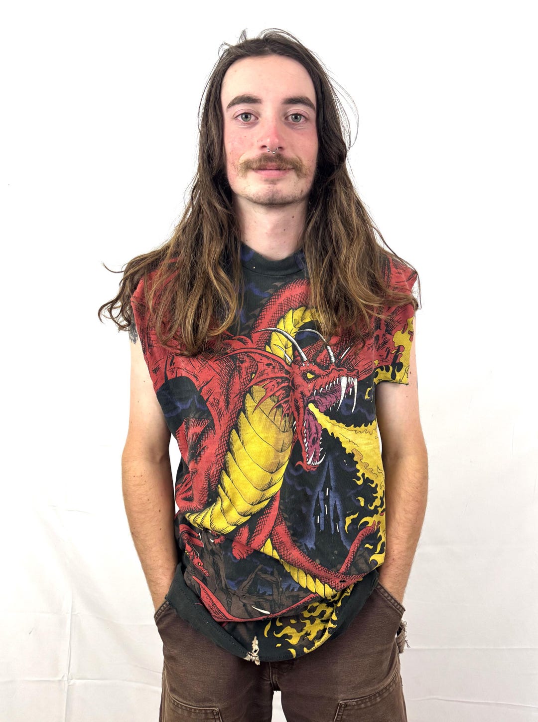 Vintage 1990s 90s Liquid Blue Dragon Tee Tshirt All Over Print Cut off ...