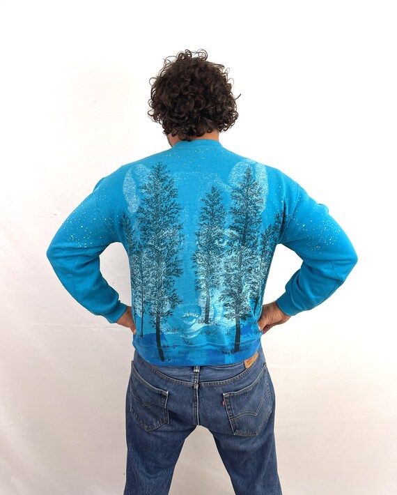 Vintage 90s 1990s Wolf Moon Trees Blue Sweatshirt - G… - Gem