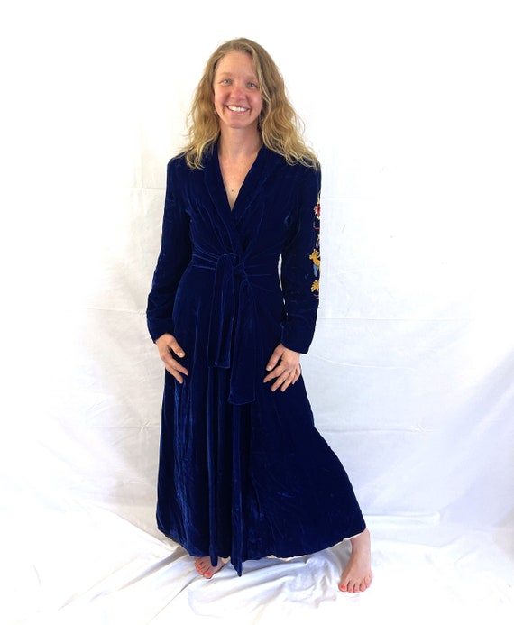 Vintage Blue Velvet Embroidered Robe Dragon Bird Phoe… - Gem