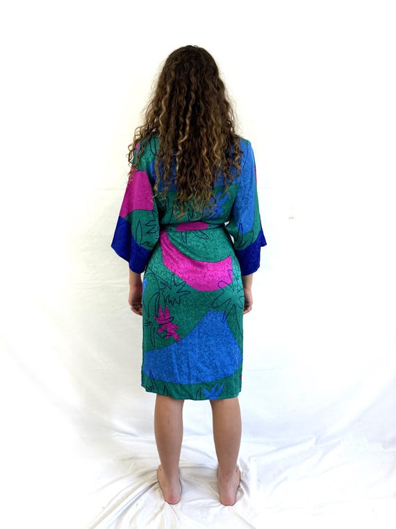 Vintage Flora Kung 1980s 80s Silk Amazing Teal Pink D… - Gem