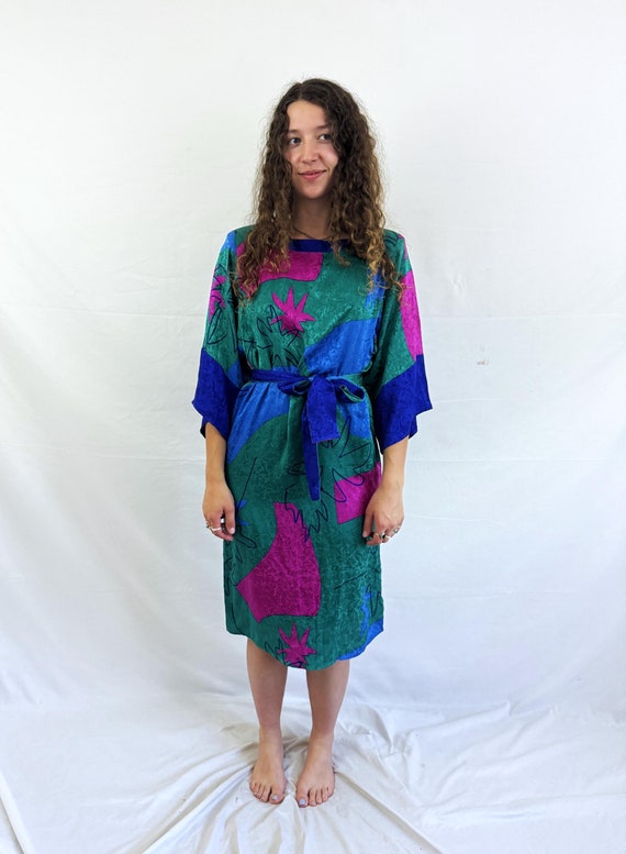 Vintage Flora Kung 1980s 80s Silk Amazing Teal Pink D… - Gem