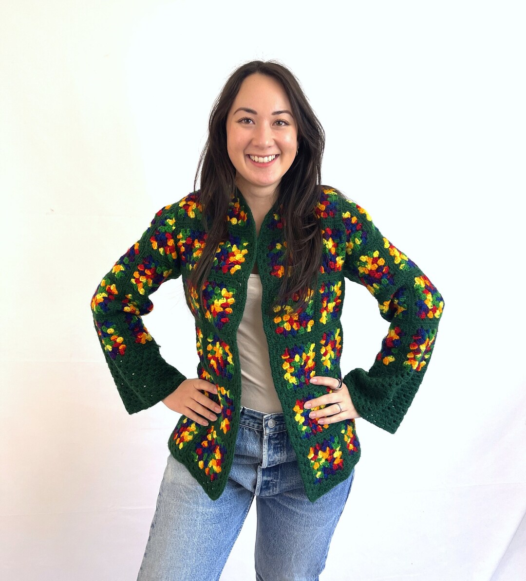 Rare 1970s 70s Vintage Granny Square Patchwork Afghan Handknit Sweater ...