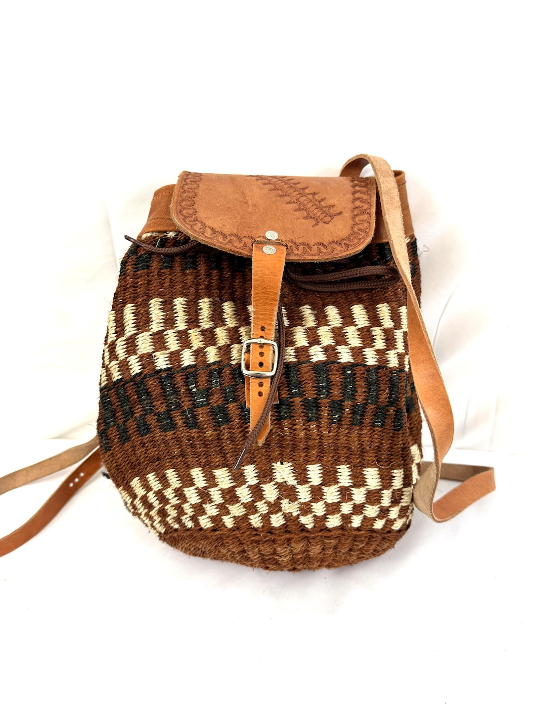Vintage Sisal Tooled Leather Woven Market Bag Backpack - Etsy