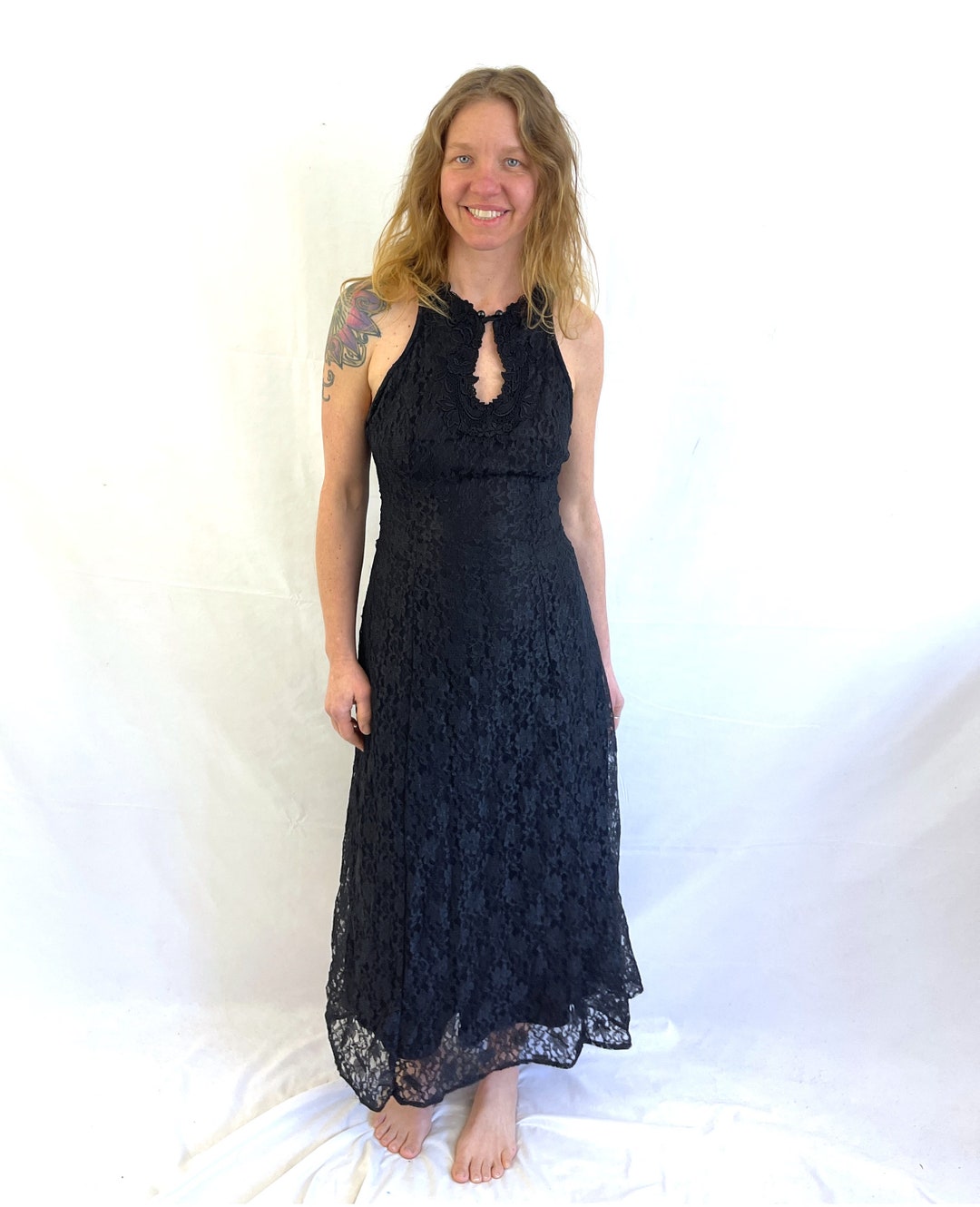 Vintage 80s 90s Black Lace Goth Witchy Costume Halloween Maxi Dress ...