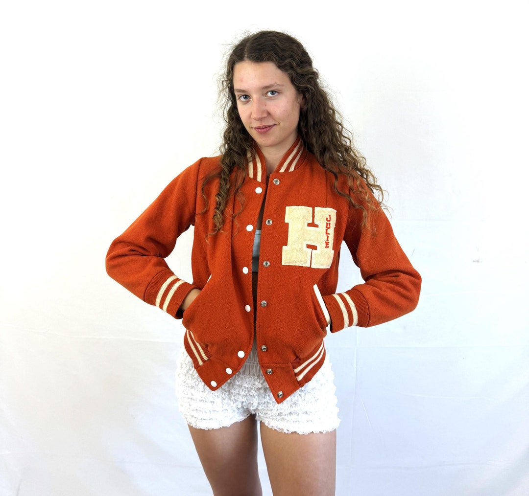 Vintage Distressed 1970s 70s Orange Wool Cheer Cheerleading Jacket Coat ...