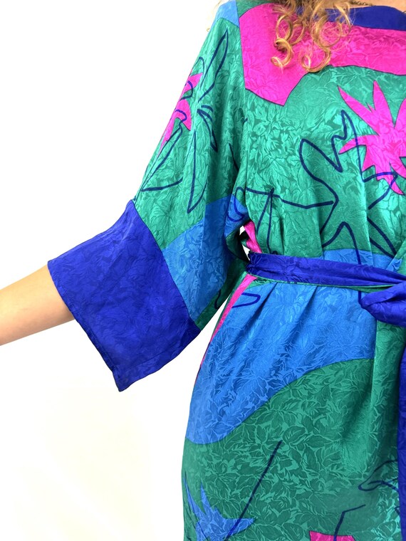 Vintage Flora Kung 1980s 80s Silk Amazing Teal Pink D… - Gem