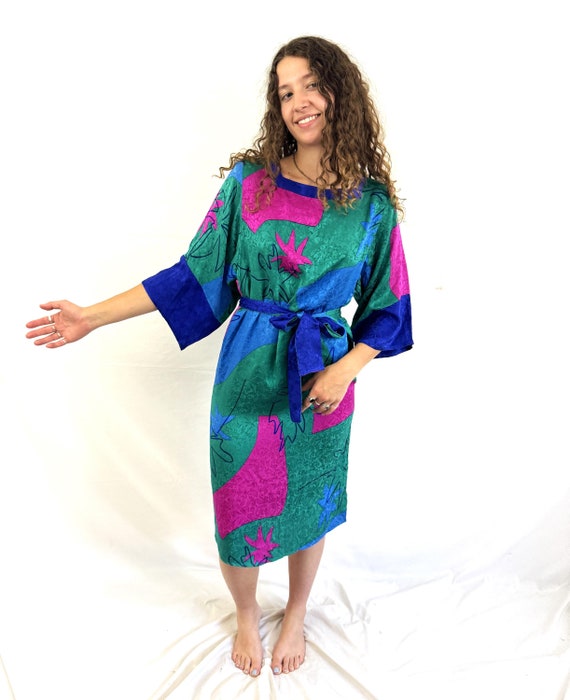 Vintage Flora Kung 1980s 80s Silk Amazing Teal Pink D… - Gem