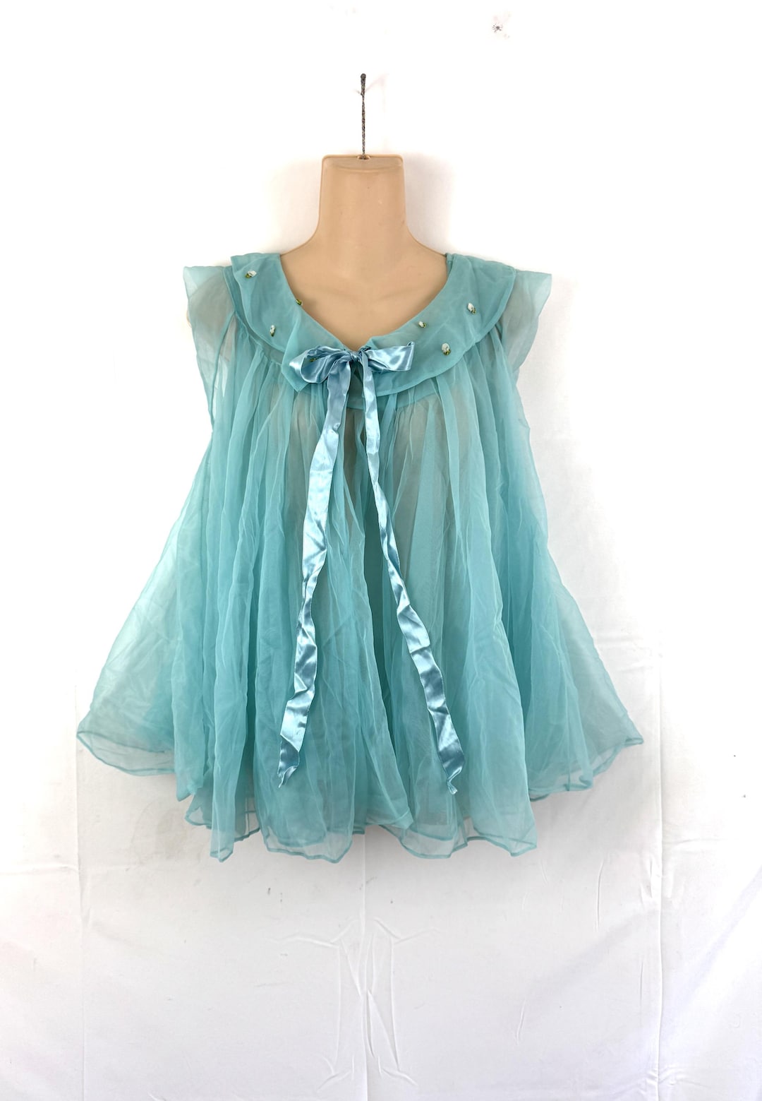 Vintage 1960s 60s Blue Sheer Baby Doll Nightie Slip Mini Ruffle Chiffon ...