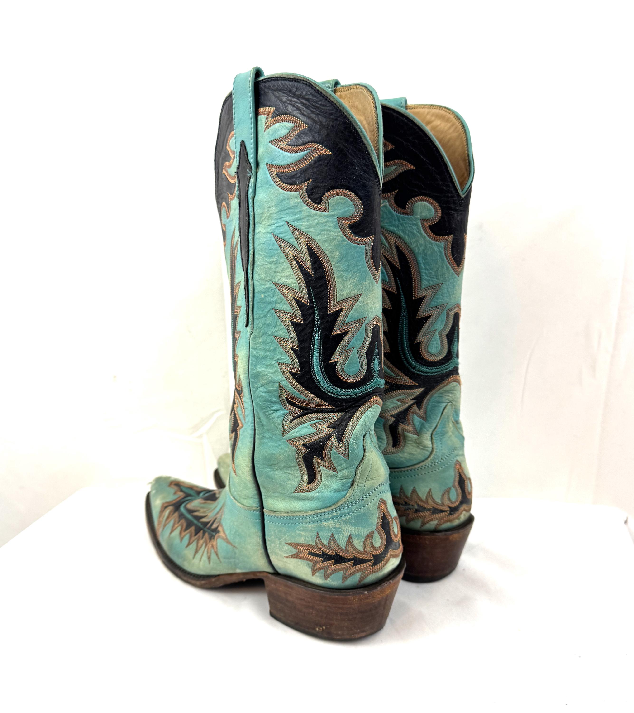 Vintage Blue Leather Western Turquoise Cowboy Boots - Size 11 - by ...