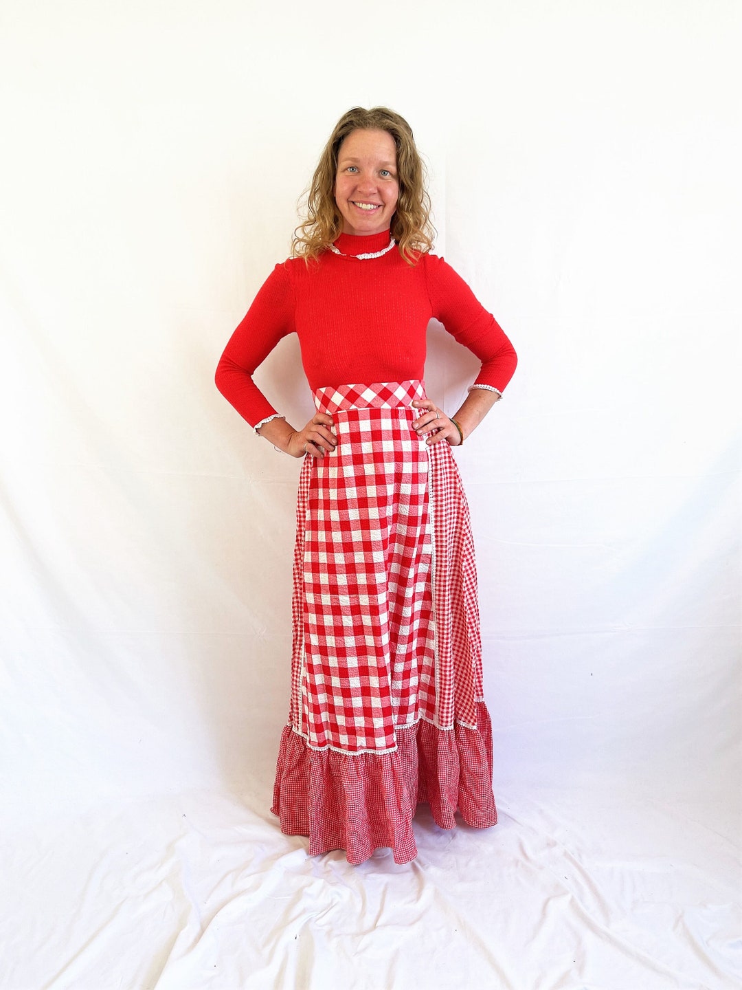 RARE Vintage 1960s 60s Red Cottagecore Prarie Boho Folk Red Maxi Dress ...