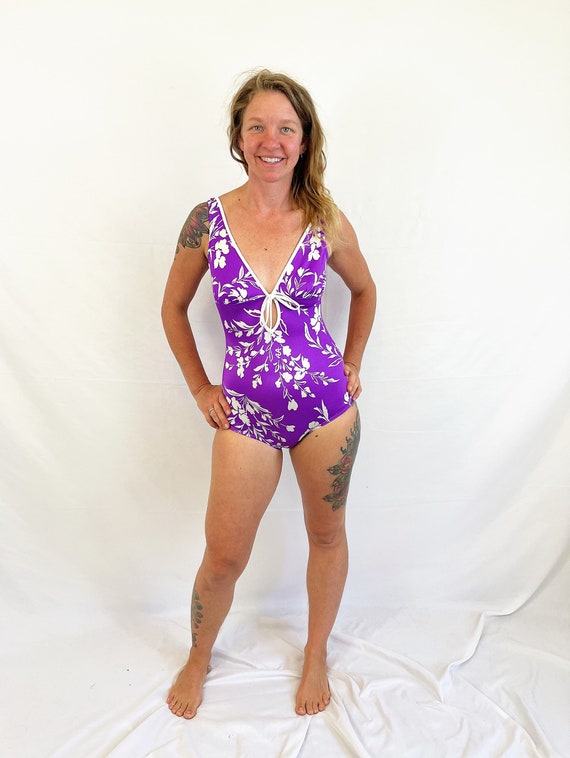 Vintage 80s Purple Floral Tropical Swimsuit Gem