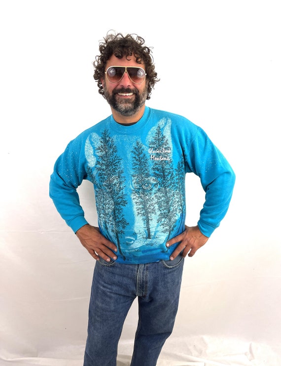 Vintage 90s 1990s Wolf Moon Trees Blue Sweatshirt - G… - Gem
