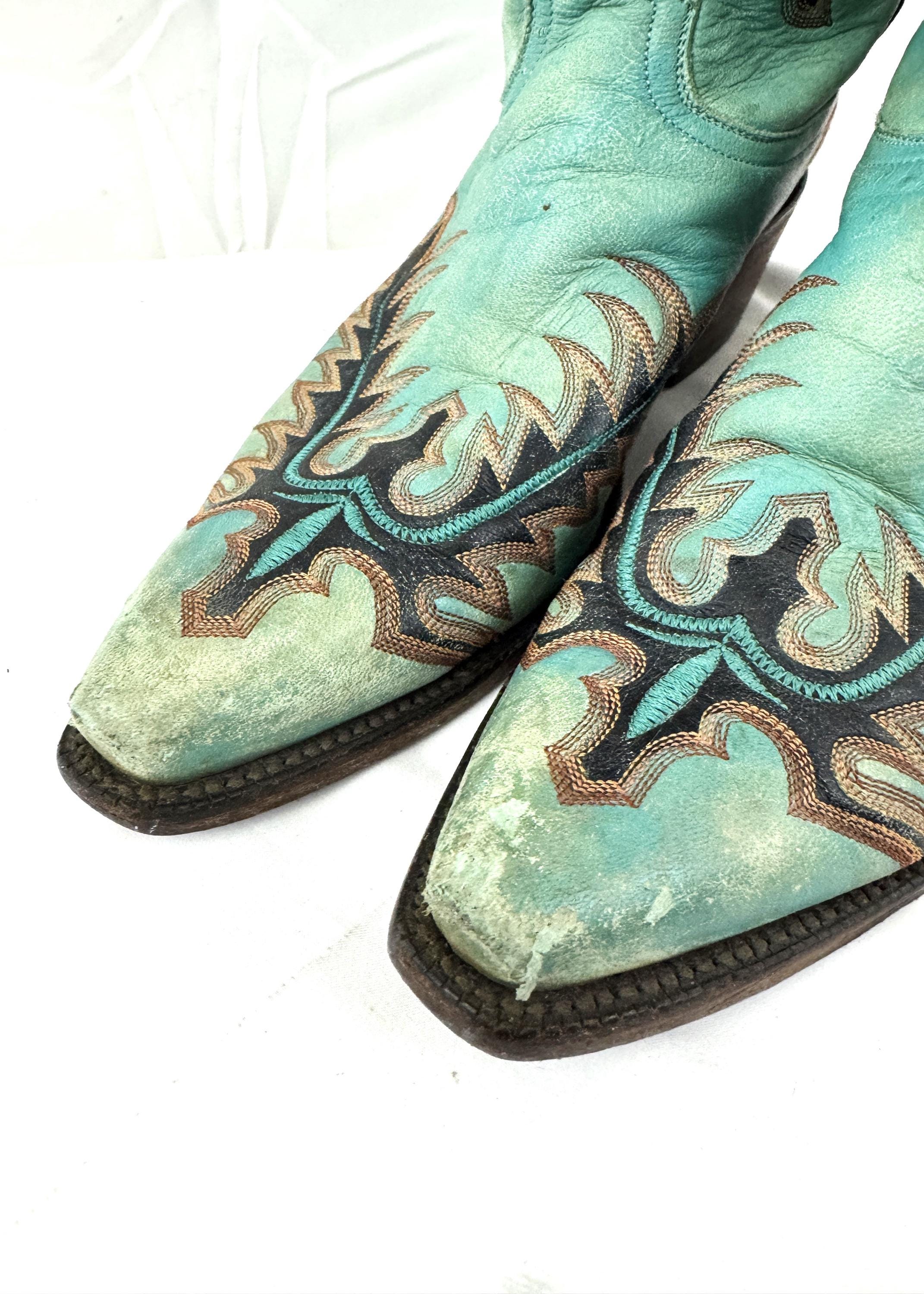 Vintage Blue Leather Western Turquoise Cowboy Boots - Size 11 - by ...