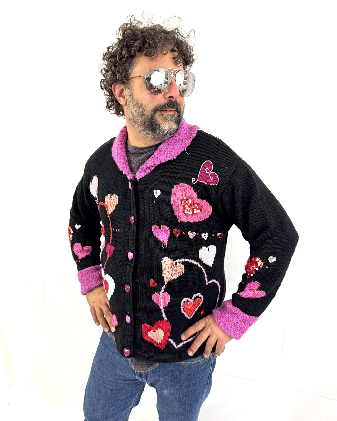 Vintage 1990s 90s Valentine Heart Sequined Beaded Cardigan Sweater ...