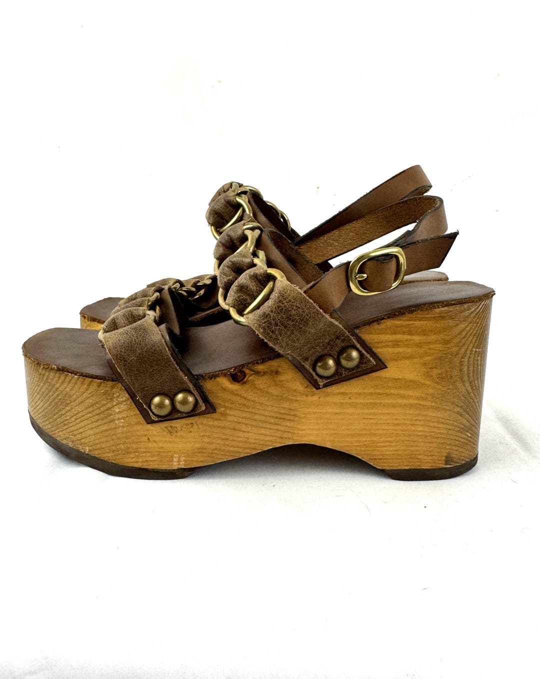 RARE Vintage 1970s 70s Wooden Platform Leather Boho Wood Hippie Strappy ...