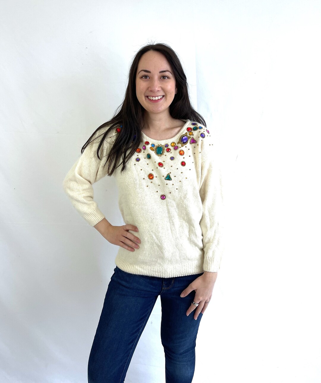 Vintage 1980s 90s Soft Silk Angora Lambwool Bejeweled Beaded Jewel Sweater by Private Party - Etsy