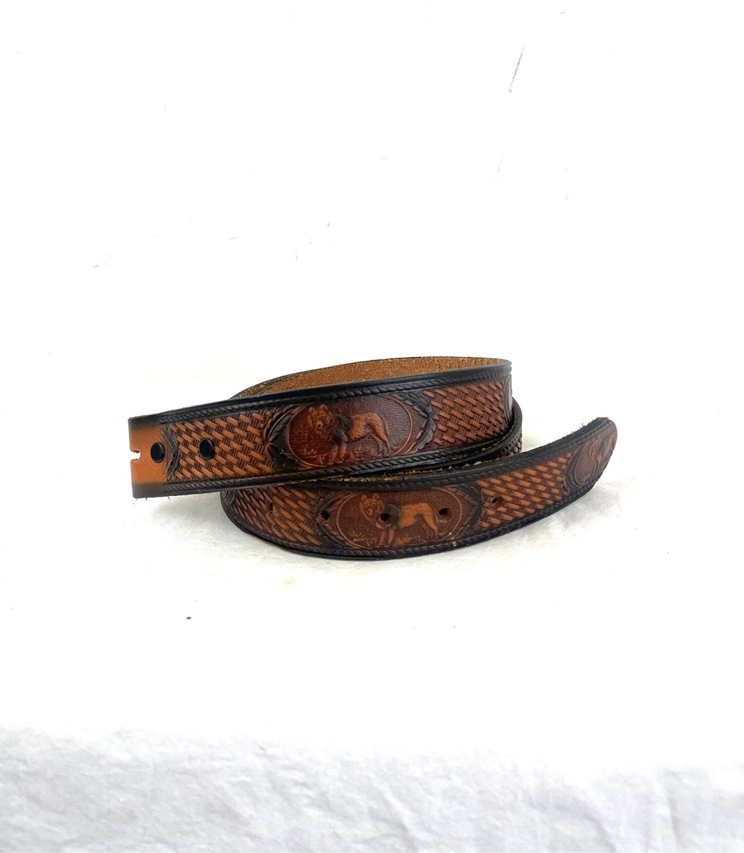 Vintage Western Tooled Leather Full Grain Cowhide Wolf Belt by Brushy ...