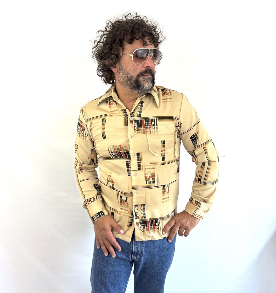 Vintage 1970s 70s Fun Funky Geometric Polyester Button up Shirt Belair ...