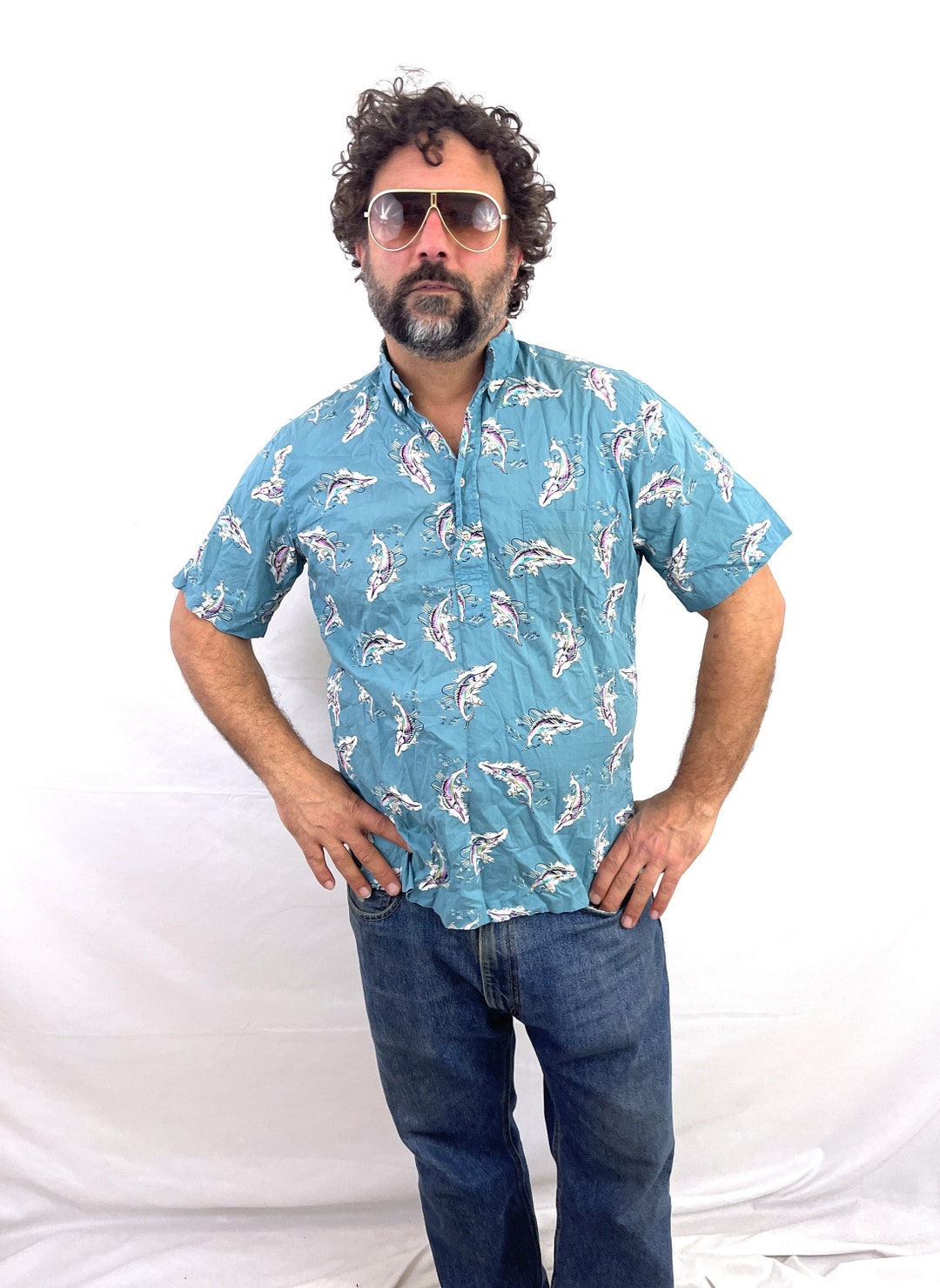 Vintage Reyn Spooner Blue Fishing Swordfish Fish Lightweight Thin ...