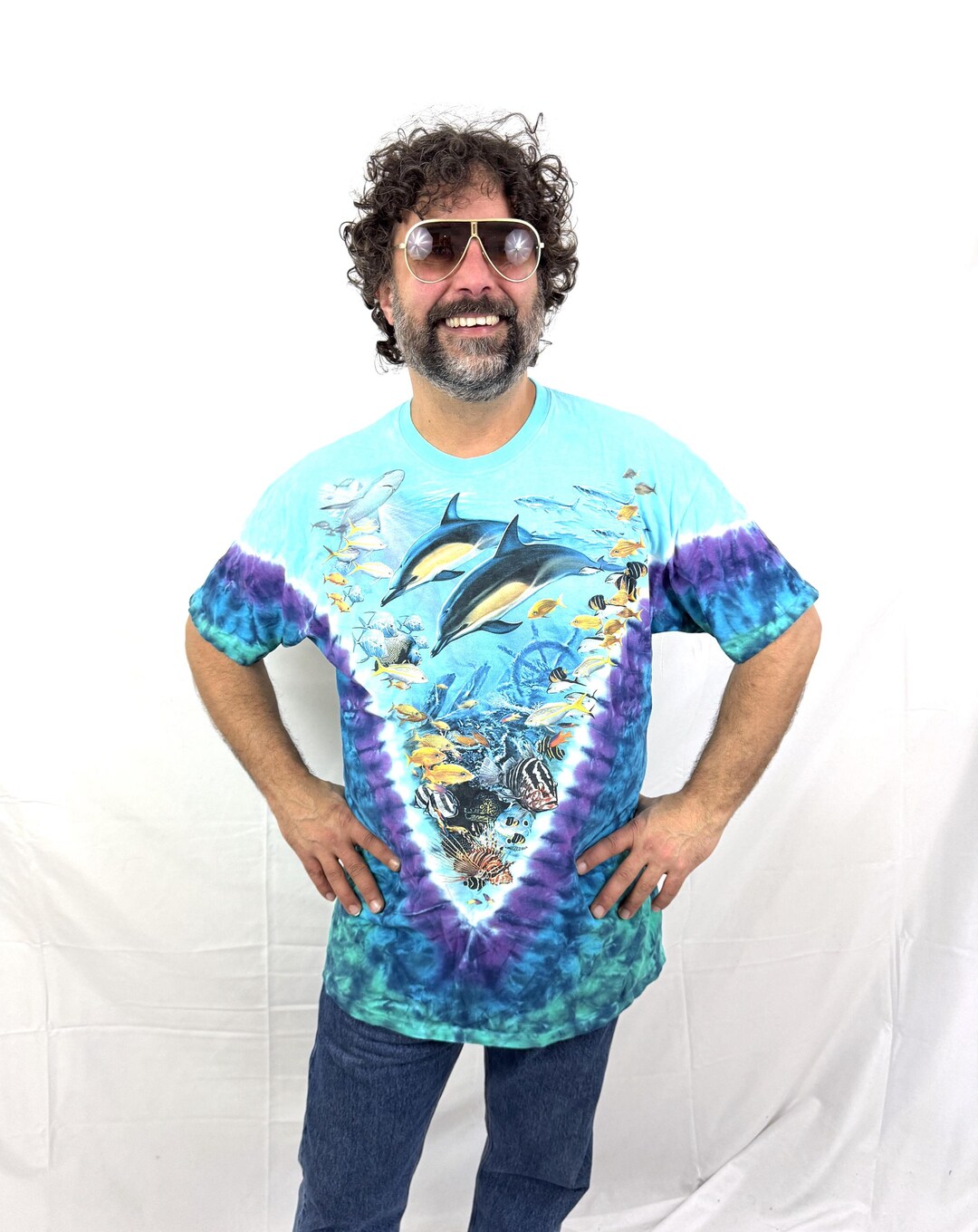 Vintage 2000s Under the Sea Dolphin Octopus Fish Hippie Tie Dye Tee ...