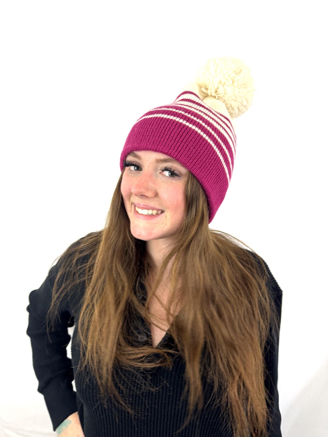 Vintage Wig Wam Winter Pom Pink White Knit Winter Hat - Wigwam Mills ...