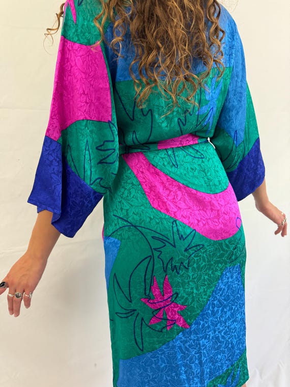 Vintage Flora Kung 1980s 80s Silk Amazing Teal Pink D… - Gem