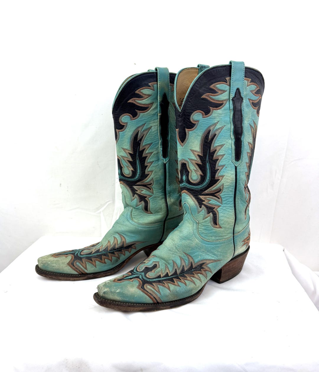 Vintage Blue Leather Western Turquoise Cowboy Boots - Size 11 - by ...
