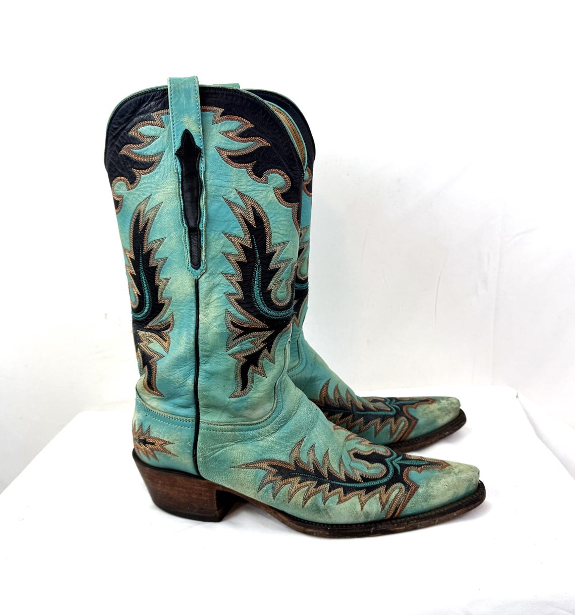 Vintage Blue Leather Western Turquoise Cowboy Boots - Size 11 - by ...