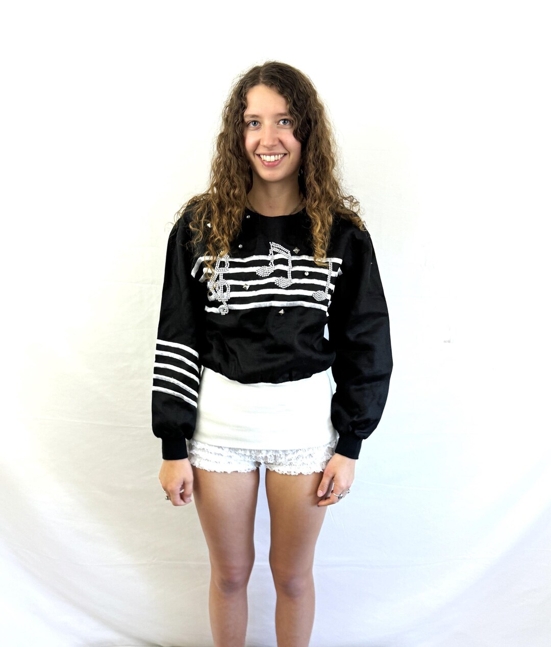Vintage 80s 1980s Music Note Embroidered Rhinestone Party Top ...