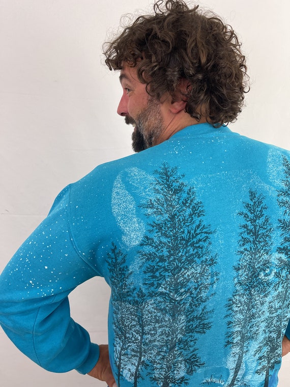 Vintage 90s 1990s Wolf Moon Trees Blue Sweatshirt - G… - Gem