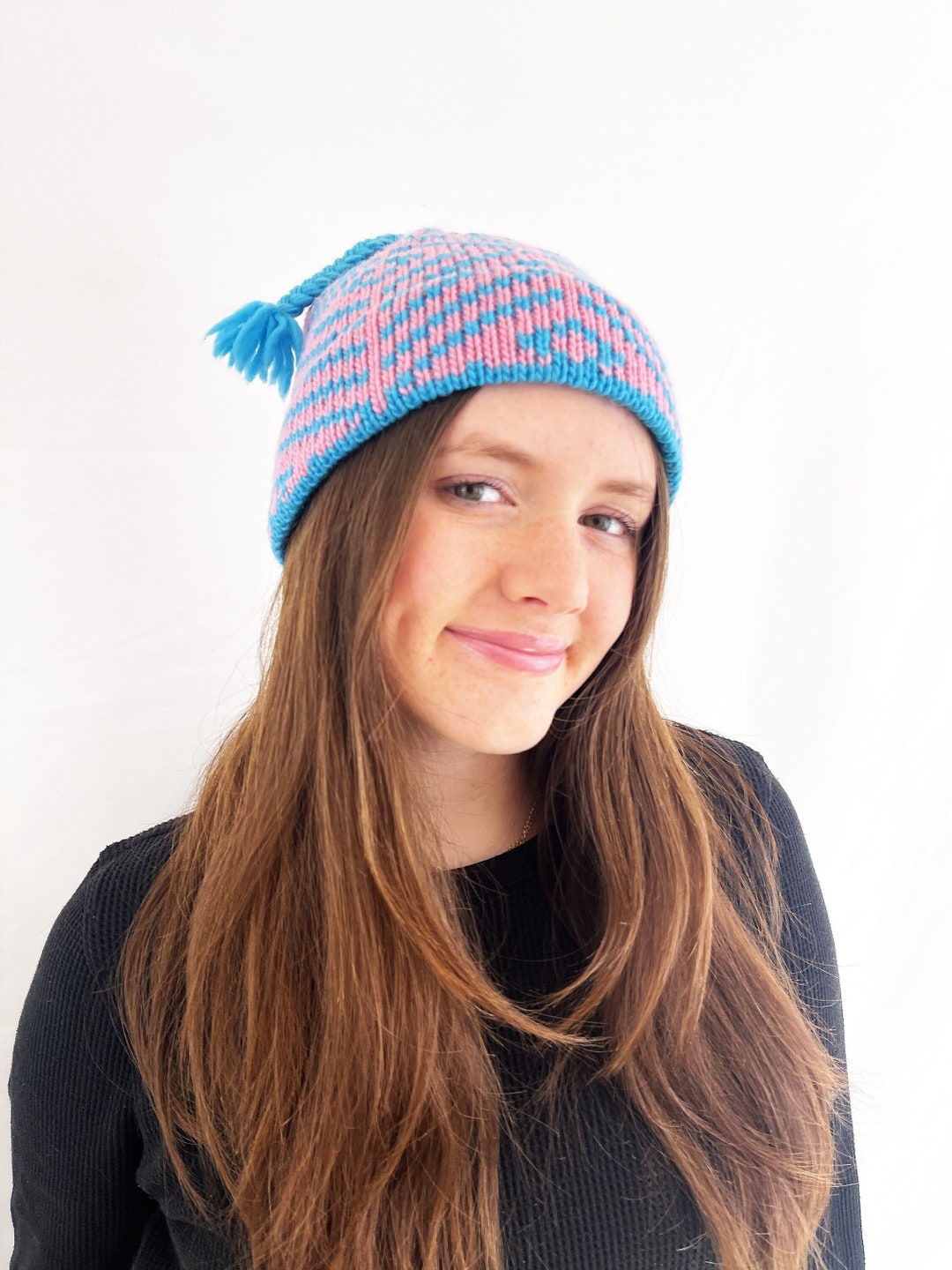 Vintage 1980s 80s Blue Pink Wool Winter Tassel Knit Ski Hat Seattle ...