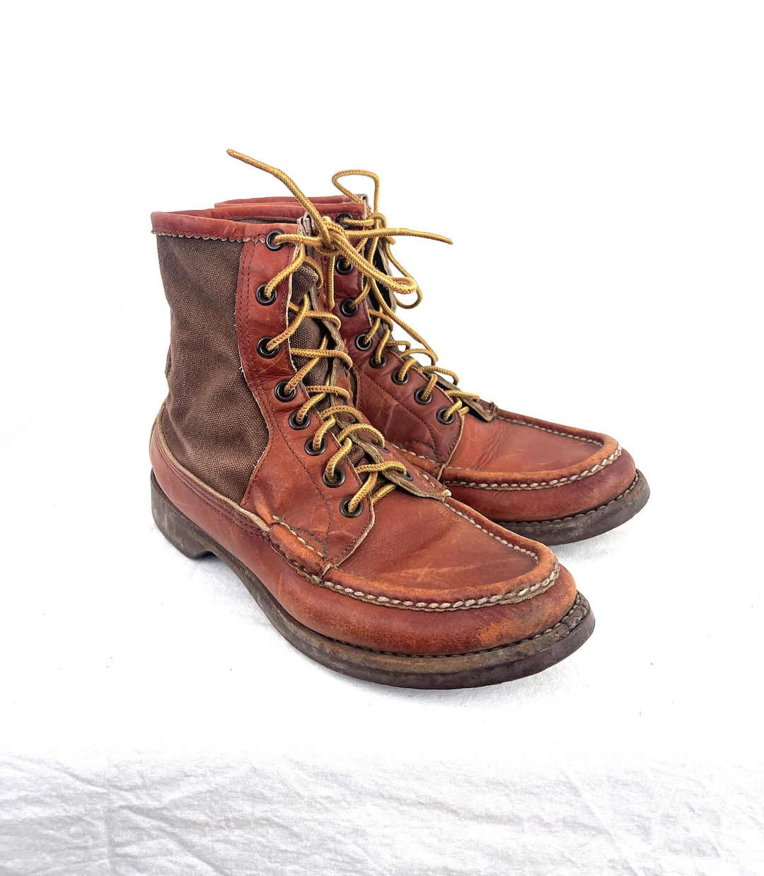 Vintage W.C. Russell Moccasin Co Brown Leather Canvas Lace up Field ...