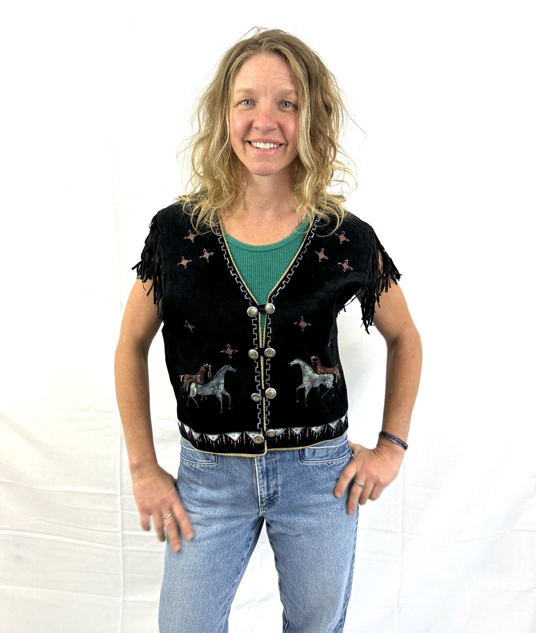 Vintage 1990s 90s Hand Painted Patty Lewis Cropped Western Fringe Suede ...