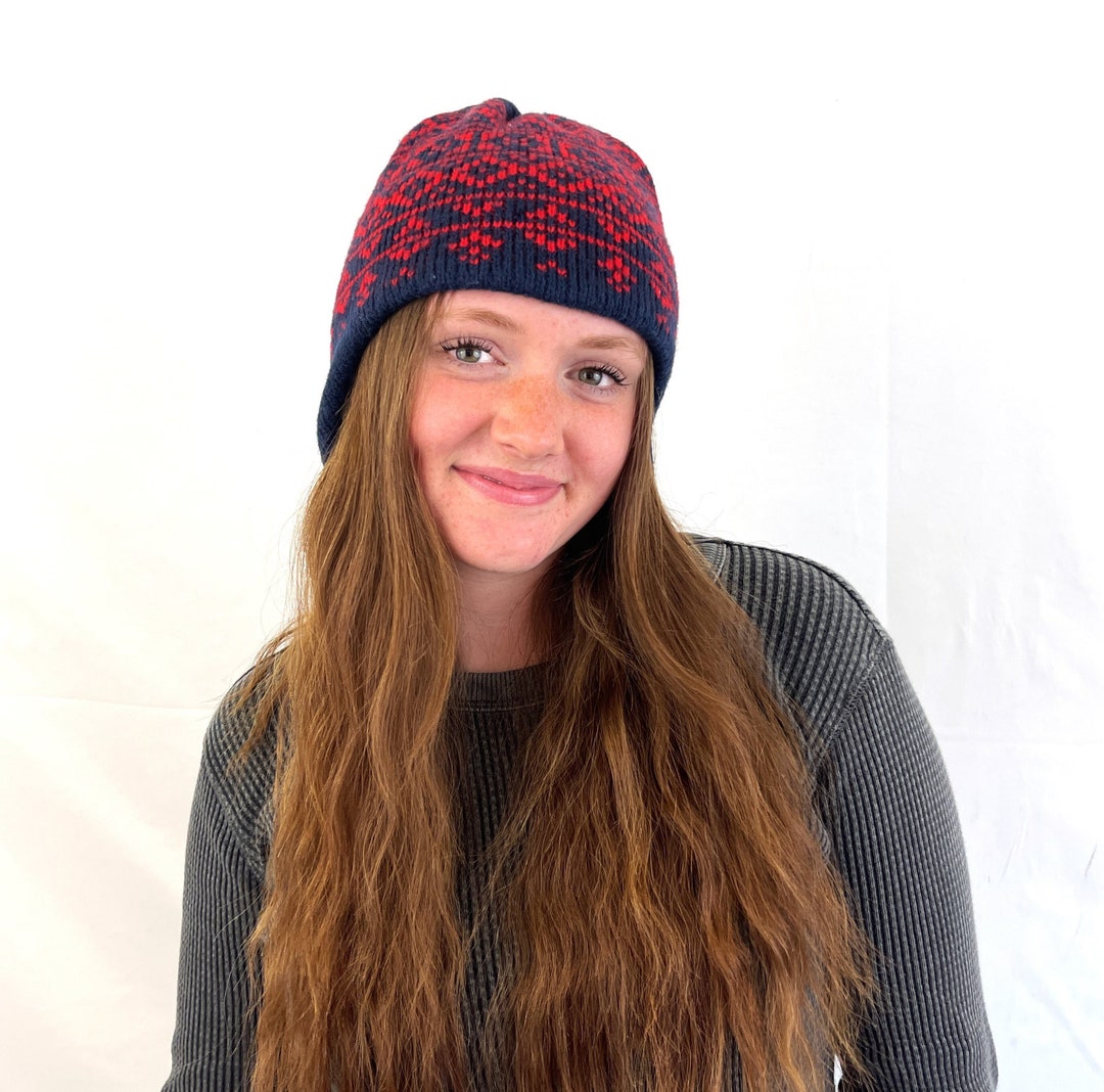 Vintage Blue Red Wool Winter Hat Tuque - Smiley - Etsy