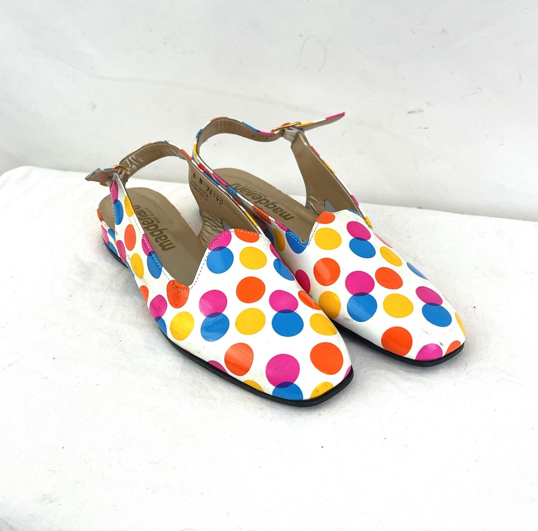 Vintage Cute 1980s 80s California Magdesians White Leather Polka Dot Shoes Slingbacks - Size 6 ...