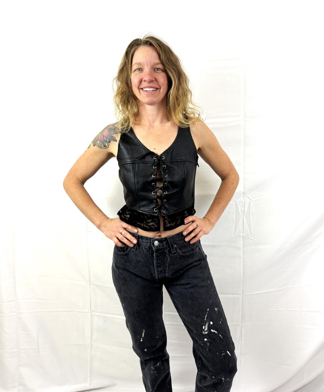 Vintage 80s 1980s Black Leather and Lace Biker Rocker Top - Verducci - Etsy