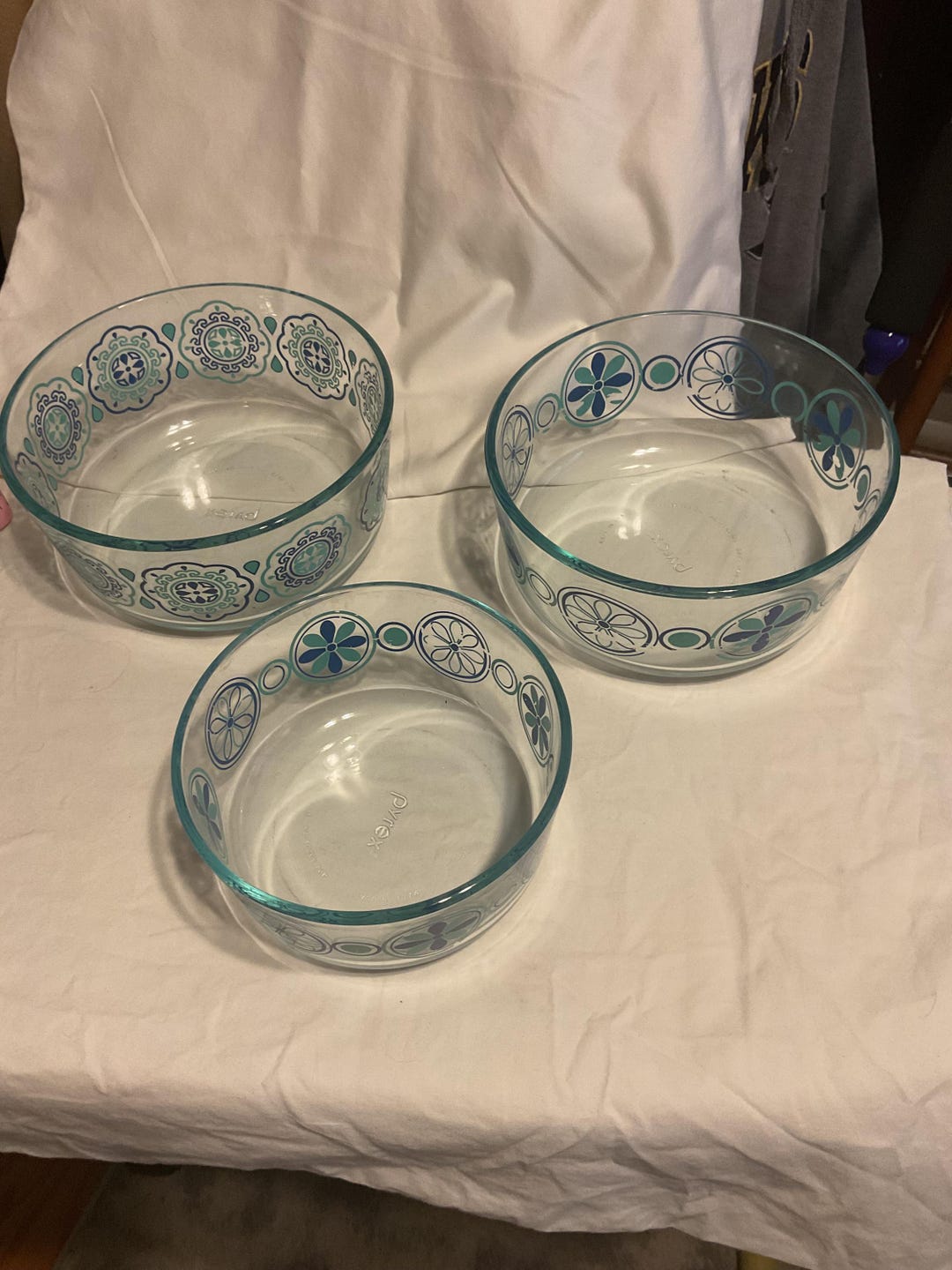 3 Vintage Pyrex Blue and Teal Pinwheels Circles Flowers 2 Large 1 ...