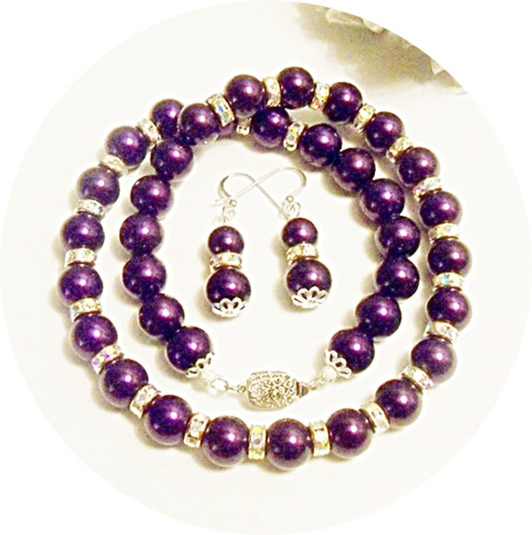 Royal Purple Pearl Jewelry Set, Rhinestone Accents, Sterling Silver ...