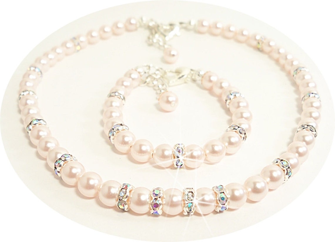 Girls Necklace and Bracelet Set, Pink Pearl, Rhinestones, Flower Girl ...