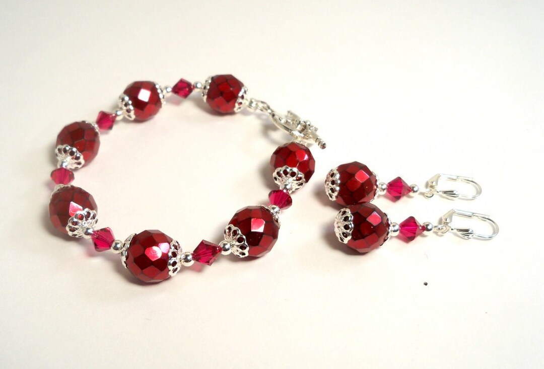 Red Bracelet Earrings Set, Red Jewelry Set, Bridesmaid Jewelry, Red ...