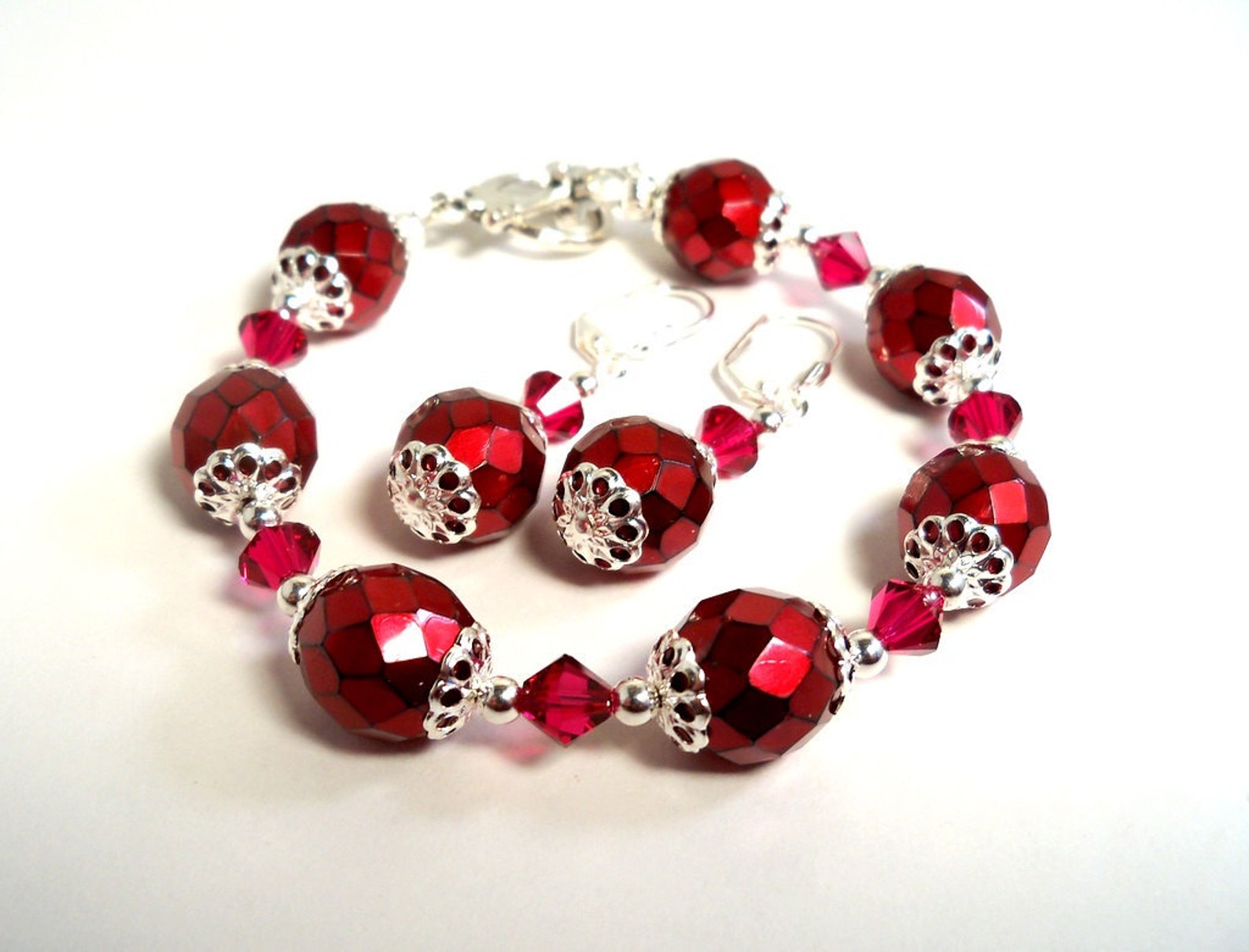 Red Bracelet Earrings Set Red Jewelry Set Bridesmaid - Etsy