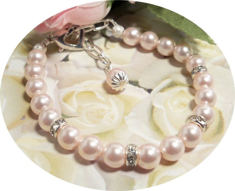 Pink Girls Pearl Bracelet Rhinestone Flower Girl Pageant - Etsy