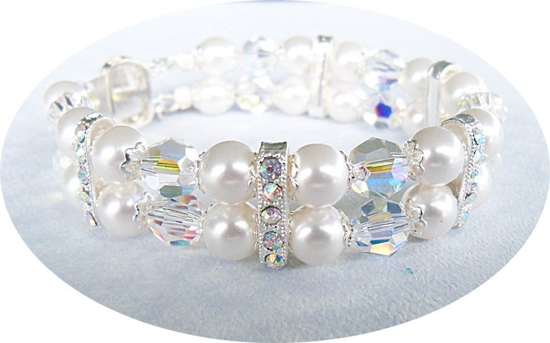 2 Strand Bridal Bracelet, Pearl, Crystal, Rhinestone, Bridal Jewelry ...