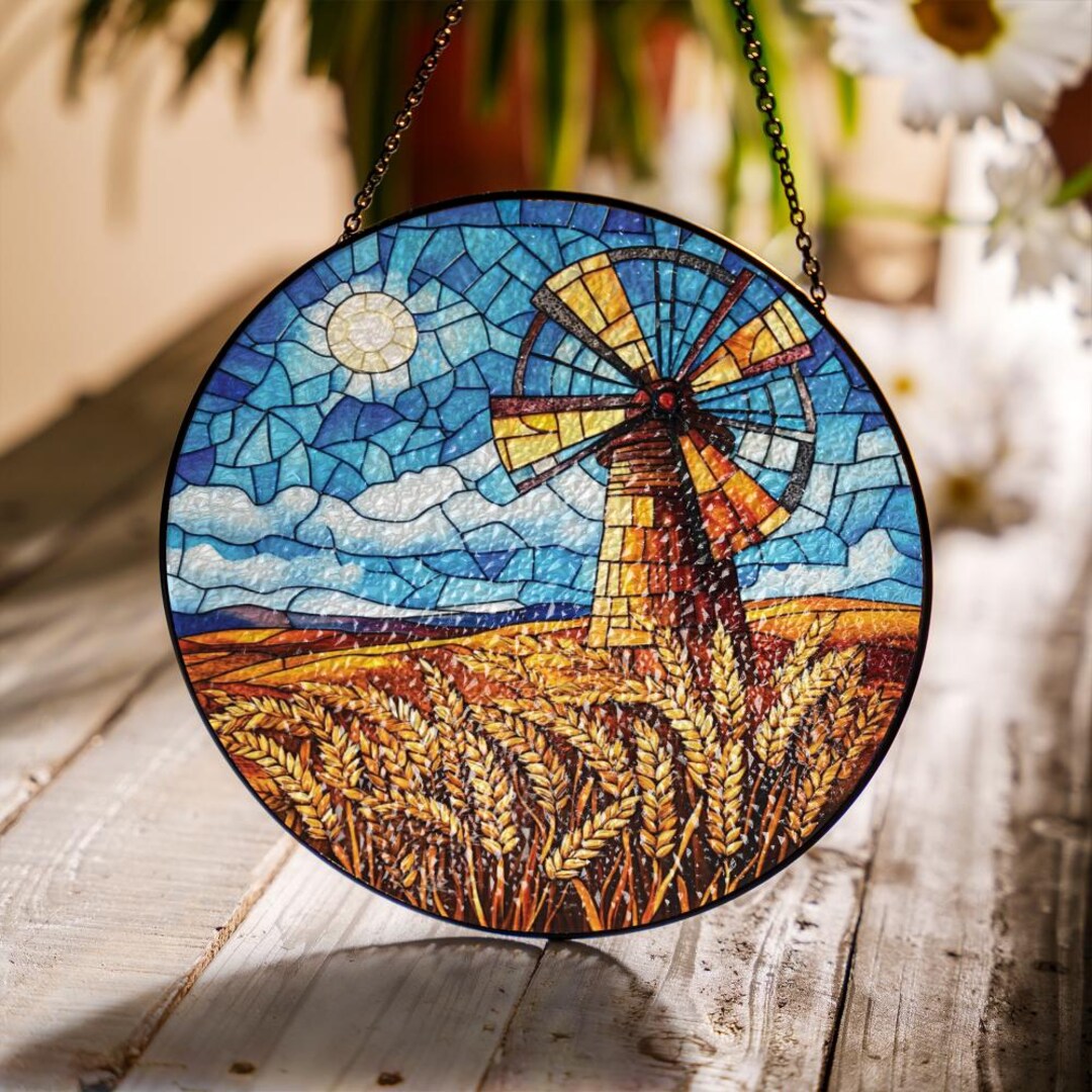 Rustic Windmill Stained Glass Suncatcher | Vibrant Window Decor | Light ...