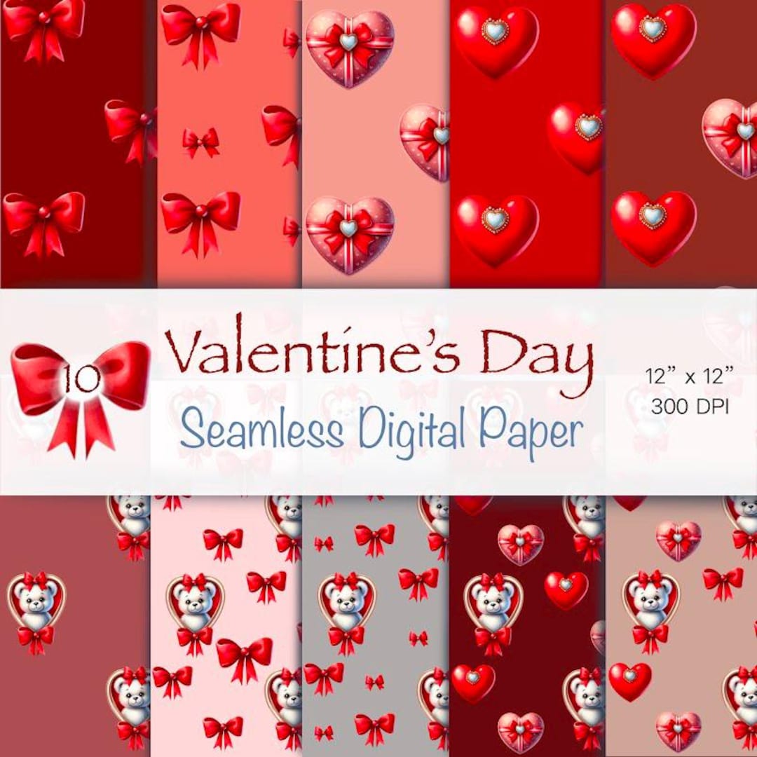 10 Seamless Digital Valentine Papers, Heart Scrapbooking Paper, Heart ...