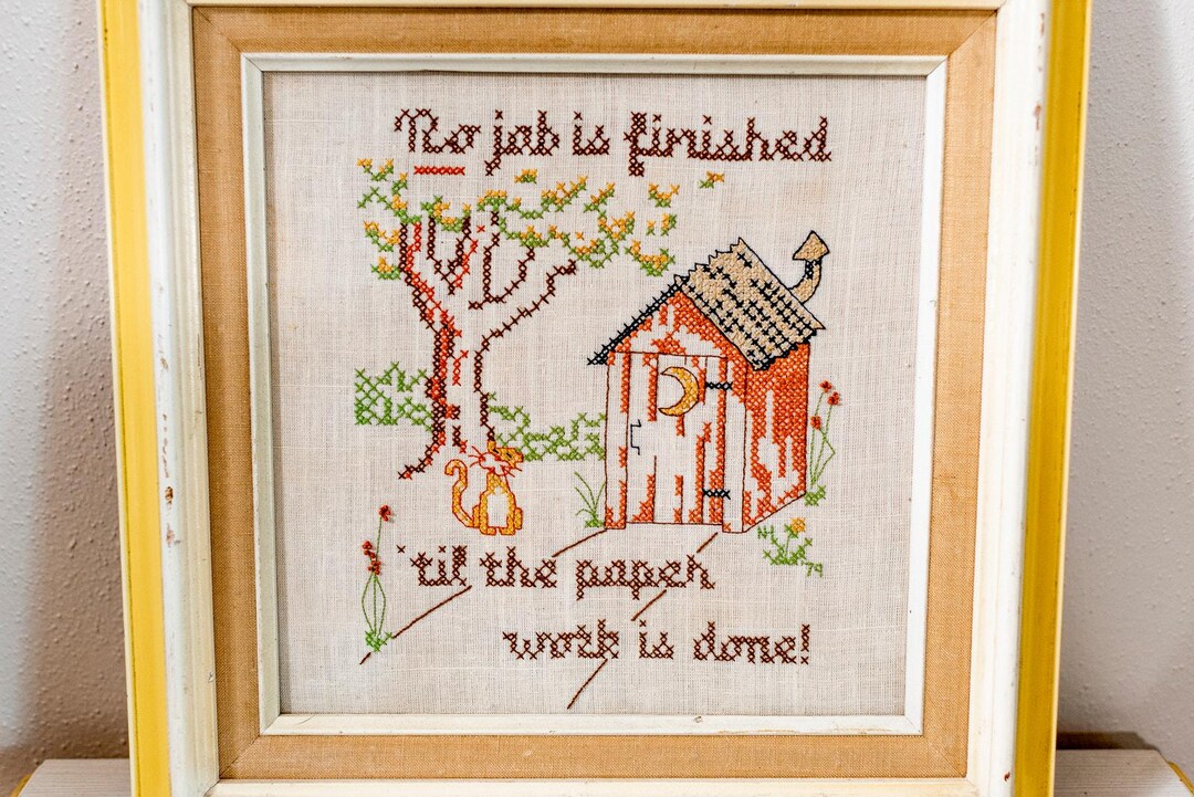 Vintage 70s Outhouse Crewel, Cat, Cottagecore, Novelty Hand Embroidered ...